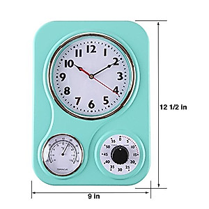 Lily's Home Retro Kitchen Wall Clock, with a Thermometer and 60-Minute Timer, Ideal for Any Kitchen, Turquoise (9.5 in x 13.3 in)