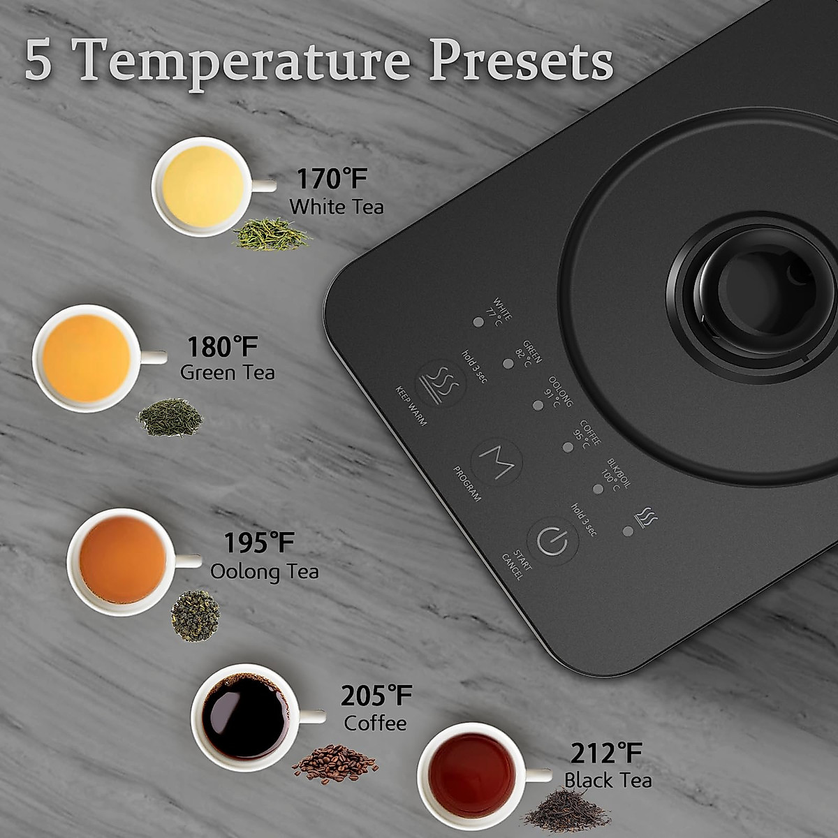 Gooseneck Electric Kettle,Ulcreigo Tea Kettle for Boiling Water,Temperature Control with 5 Presets,Hot Water Boiler Heater for Pour Over Coffee, Keep Warm 2 Hours,304 Stainless Steel (Black)