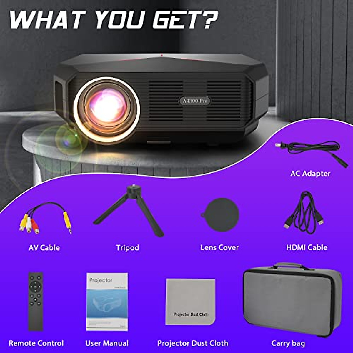 Projector with WiFi and Bluetooth, 5G WiFi Native 1080P Projector, Portable 200'' Movie Projector, Supports 4K & Zoom, Compatible w/ HDMI/USB/PC/TV Box/iOS & Android Phone