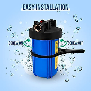 High Capacity 10 x 4.5-Inches Blue Whole House Water Filter Purifier System with Presser Relief Button, 1” Inlet/Outlet Brass Port & Yearly Supply (4) Polypropylene Sediment Cartridges 5 Micron