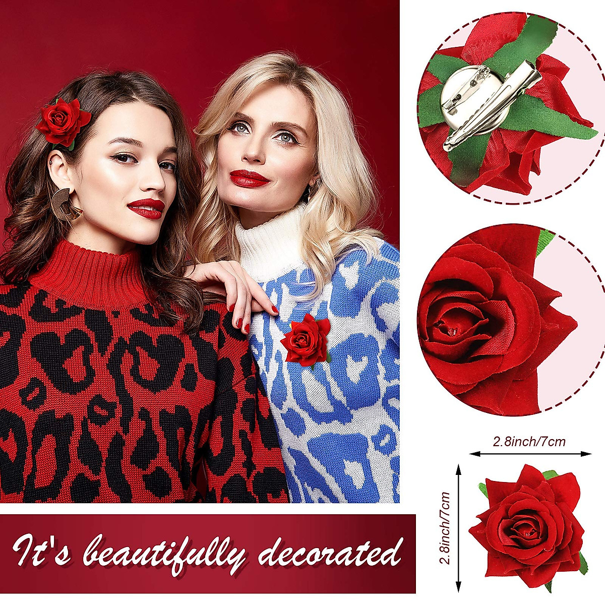 6 Pcs Rose Hair Clip Flower Hairpin Rose Hair Clip Comb Flower Hairpin Rose Brooch Floral Clips Mexican Rose Hair Accessories for Women Wedding Party Mother's Day(Red)