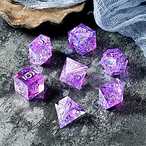 DNDND Sharp Edge Dice Set,Handmade 7 Piece DND Dice with Gift Case for DND Dungeons and Dragon Game (Purple with Silver Number)