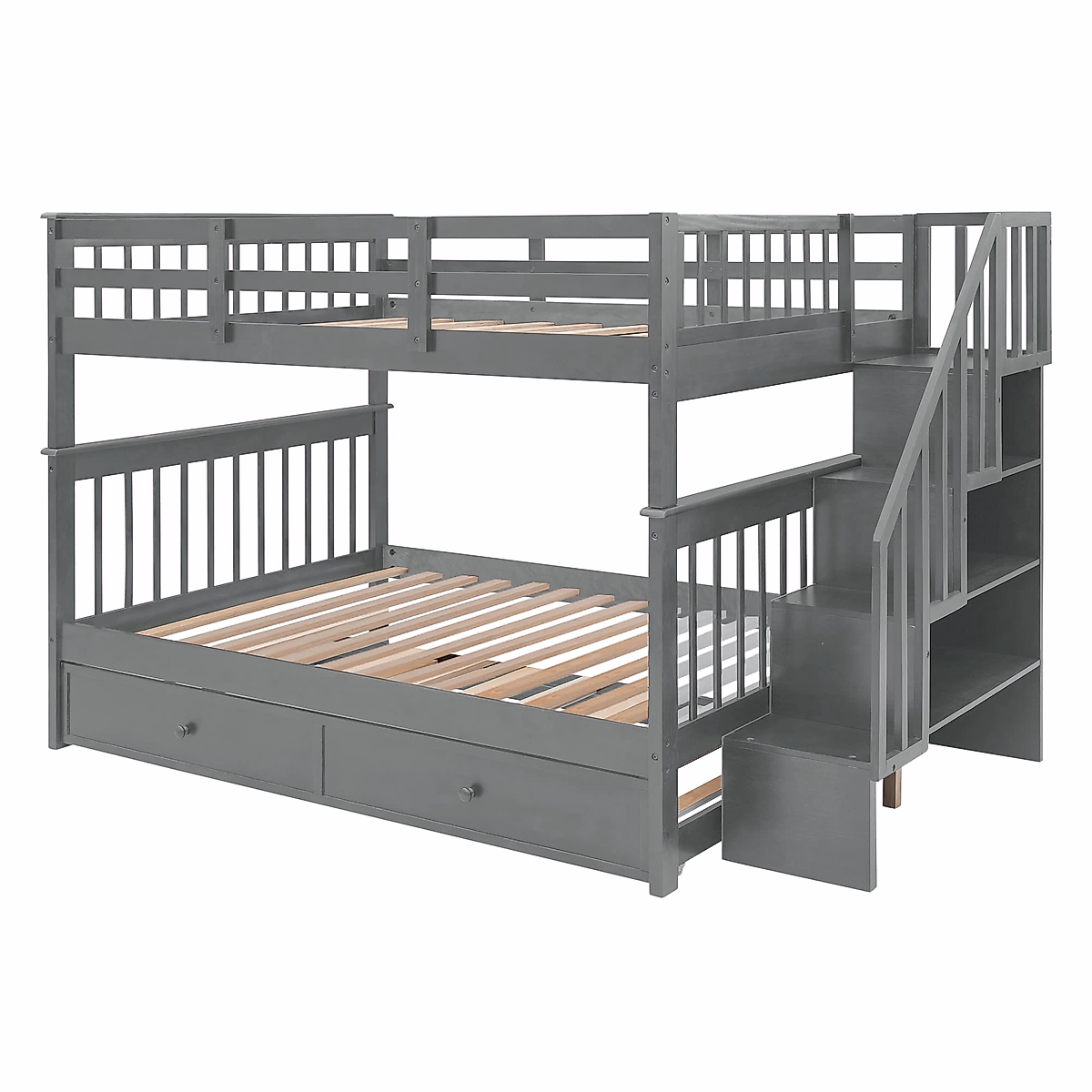 Full Over Full Bunk Beds with Stairs and Trundle Wood Bunk Bed Frame with Staircase and Storage Shelves for Kids Teens Adult, Detachable Stairway Bunkbed for Boys Girls, Gray