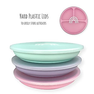 Hippypotamus Toddler Plates with Suction - Baby Plates - 100% Food-Grade Silicone Divided Plates - BPA Free - Dishwasher Safe - Set of 3 (Sage/Blush/Nude) (Pink/Mint/Lavender with LIDS)