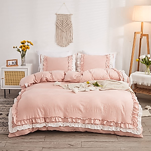Shabby Chic 3 Pieces Bedding,Vintage Ruffled Queen Duvet Cover Set with 2 Layers Ruffles,Soft Brushed Microfiber Set with Zipper Closure,Lightweight Duvet Cover Set