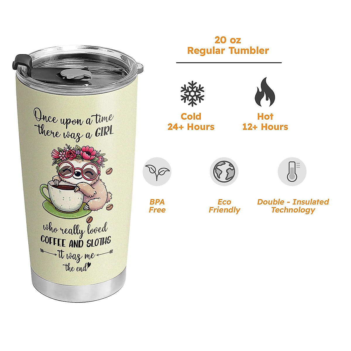 20oz Sloffee Sloth Tumbler, Gifts for Sloth Lovers, Coffee Thermos for Women, Stainless Steel Double Wall Vacuum Insulated Coffee Mug, Travel Cup with Lid
