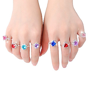 Hifot 12 pcs Girls Crystal Adjustable Rings, Princess Jewelry Finger Rings with Heart Shape Box, Girl Pretend Play and Dress up Rings for Children Kids Little Girls - Random