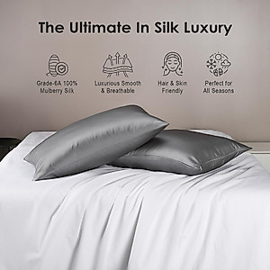 Cobnom® Pure Mulberry Silk Pillowcases Set of 2, King Size Silk Pillow Cases - Grade-6A 19 Momme Soft Smooth Cooling with Zipper, Hair and Skin Friendly (Gray, 20x36 Inch)