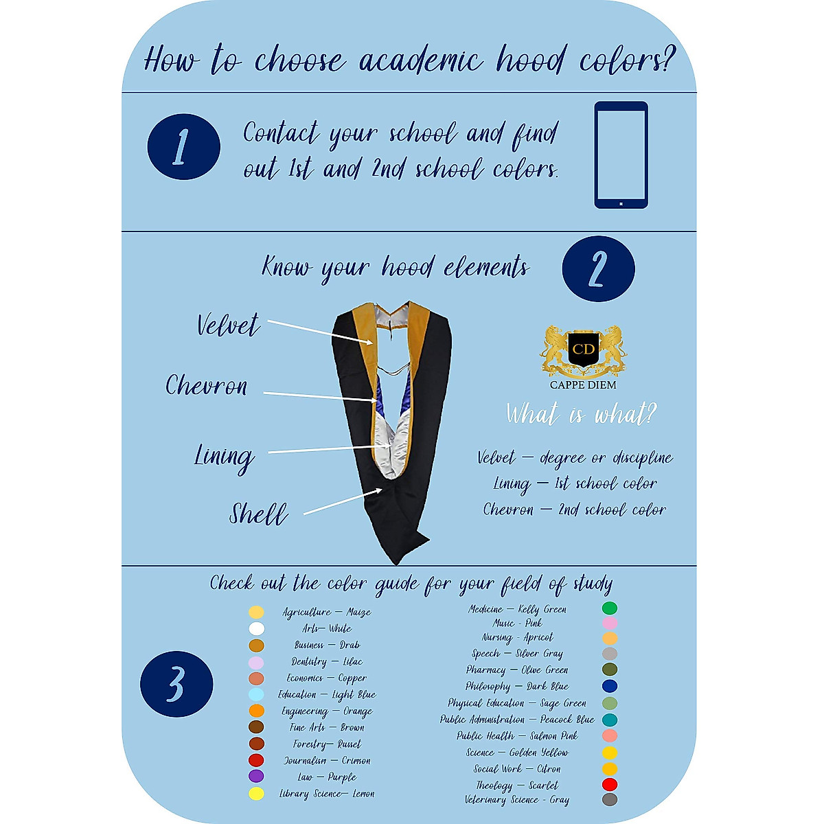 Cappe Diem Master Graduation Hood WHITE: Master of Arts (M.A.) in English, History, etc. (Various College Colors) (Green & White)