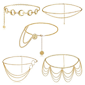 HAIAISO 5PCS Belly Waist Chain Multi-layer Metal Waist Chain Adjustable Body Link Belts Summer Bikini Sexy Waist Body Chain Jewelry for Women(Gold)