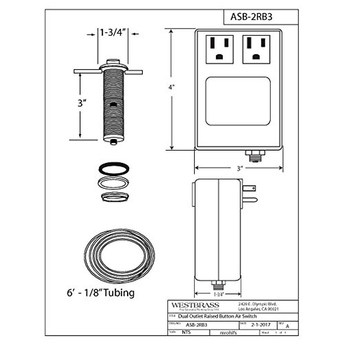 Westbrass ASB-2RB3-20 Sink Top Waste Disposal Air Switch and Dual Outlet Control Box, Raised Button, Stainless Steel