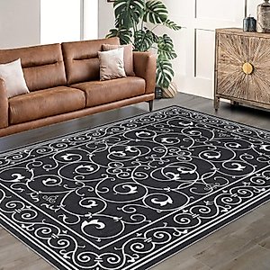 COZYLOOM 9x12 Rug Washable Living Room Rugs Moroccan Area Rug for Bedroom Nursery Vintage Floral Office Rug Non-Slip Backing Throw Rugs Modern Area Rug Distressed Room Decor Ghothic Rug Black Rug