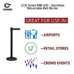 Crowd Control Warehouse CCW Series RBB-100 - Set of 2 Stanchion Retractable Belt Barriers - 11 Foot Black Belt, Black Post - Easy Assembly