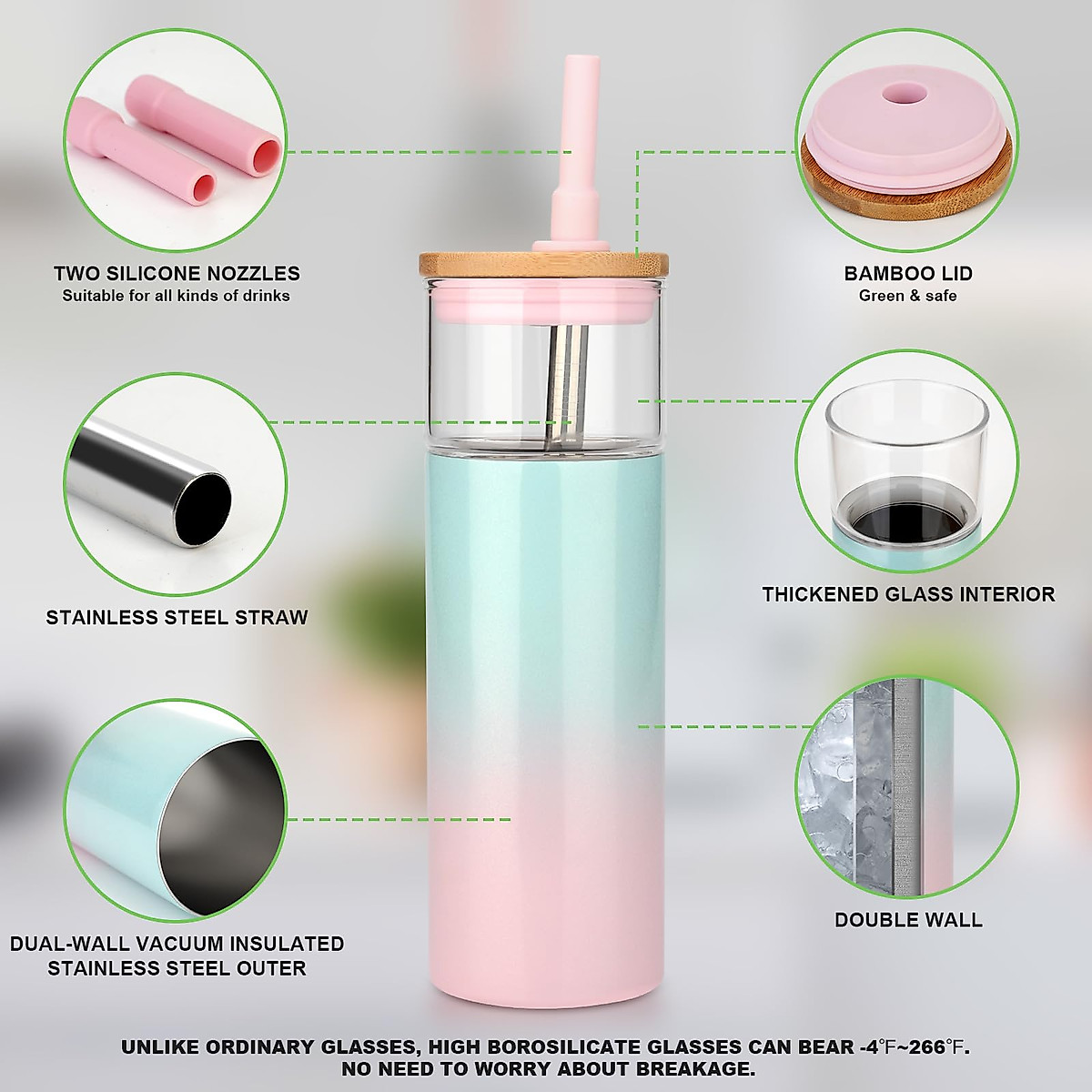 Tronco 20 oz Double Walled Insulated Glass Tumbler with Straw and Lid, Vacuum Stainless Steel Outer, Reusable Insulated Iced Coffee Cup Smoothie Cup, Sweat-Free, BPA Free