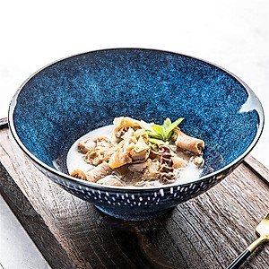 Threaded BowL 8" Ceramic Soup Bowl Ramen Bowl, Blue Thread Rice Bowl, Large Fruit Salad Bowl, Kitchen Tableware Cereal Bowl (Color : Blue2, Size : 8")