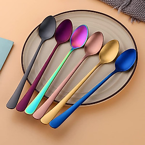 MINGYU 7.87-Inch Ice Tea Spoons Long Handle, Stainless Steel Ice Cream Spoon Matte Finish Colorful Cocktail Stirring Spoons Set of 12, 6