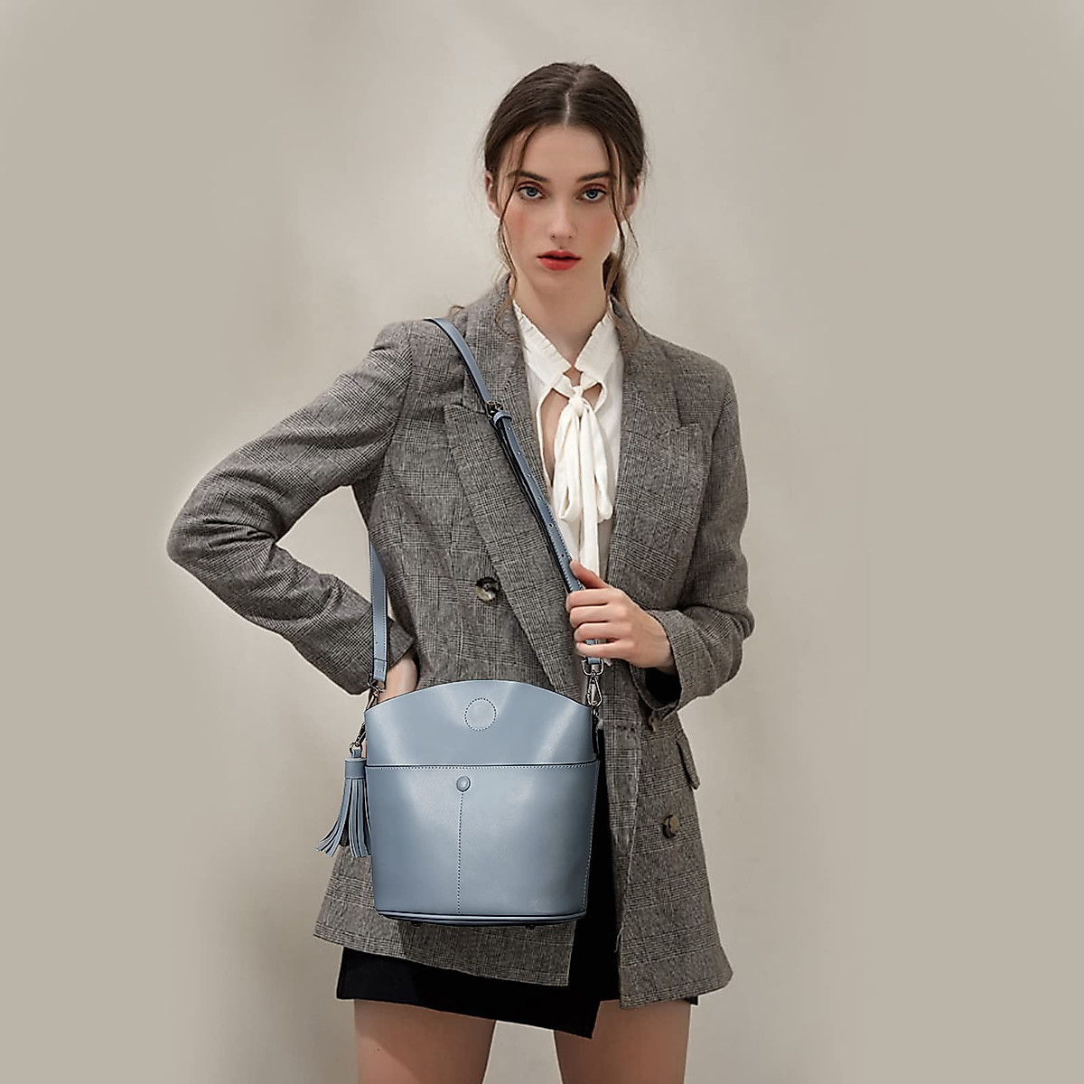 S-ZONE Women Small Cow Split Genuine Leather Crossbody Bucket Bag Shoulder Purse Handbag