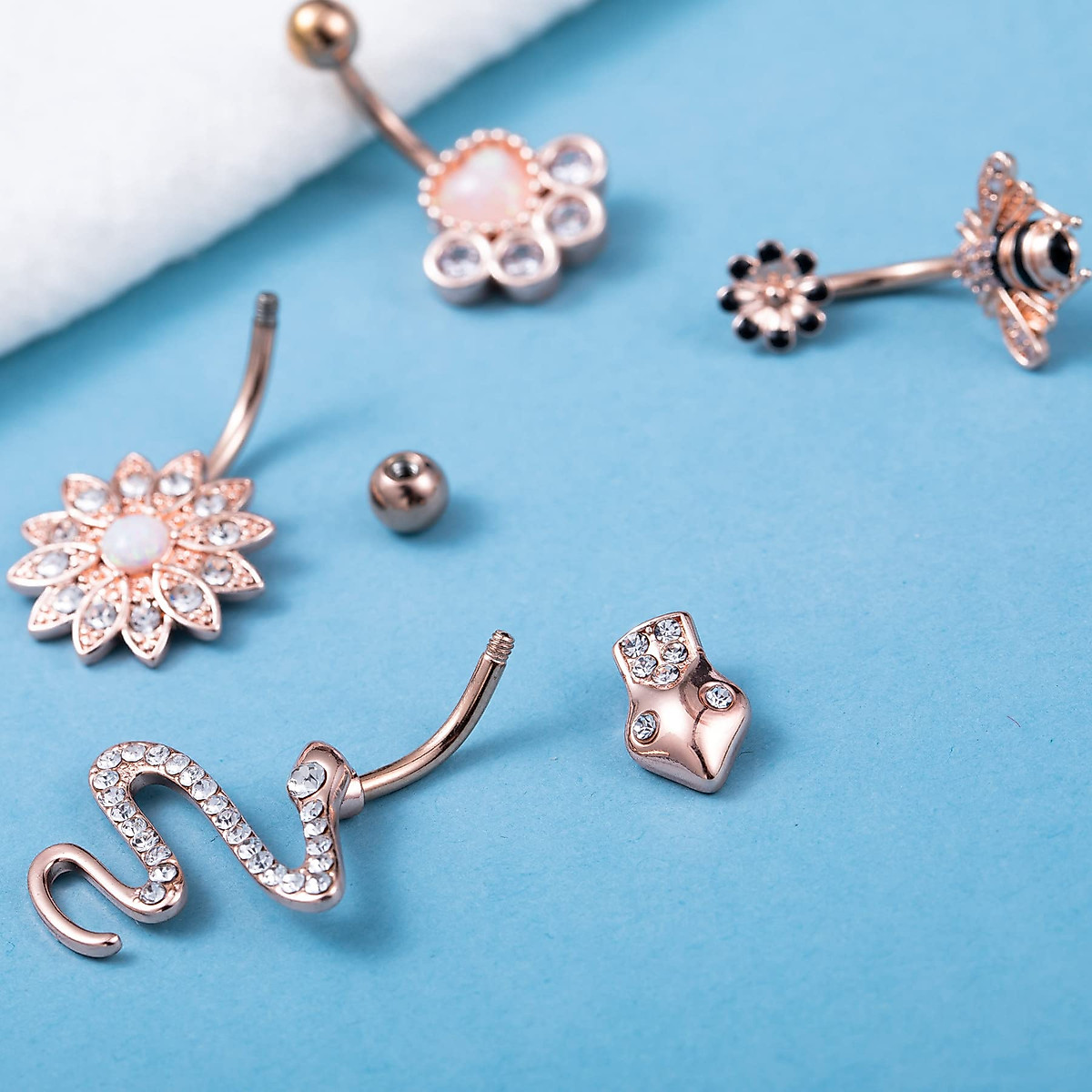 NICEIGHT 9PCS Stainless Steel Belly Button Rings Dangle Belly Rings for Women Heart Moon Snake Flower Navel Rings Body Jewelry Piercing Rose Gold