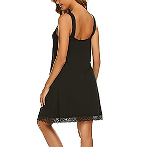 Ekouaer Sleep Gown Women Chemise V Neckline Lace-Trimmed Nightgown Scalloped Hem Cotton Nightwear Sleeping Skirt A-black