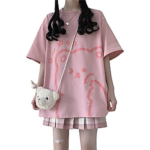 Tyadorw Kawaii Bear Graphic Tee - Women's Vintage Harajuku Oversized Shirt in Pink, Medium (100% Cotton, Loose Fit)
