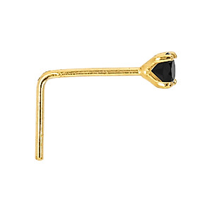 22G Solid 14Kt Gold L-Shape Nose Stud with real Black Diamond Gemstone, 14kt Yellow Gold or 14kt White Gold Prong Setting - April Birthstone Nose Ring-LSYG_BD-2.5MM