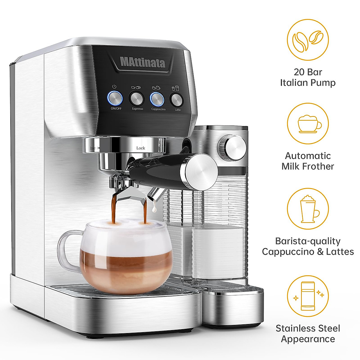 MAttinata Espresso Machine 20 Bar, Espresso Maker with Milk Frother, Cappuccino Machine for Home with 2.0 Long Life Automatic Milk Tank, Coffee Maker Present, Stainless Steel-Mattino Ultra