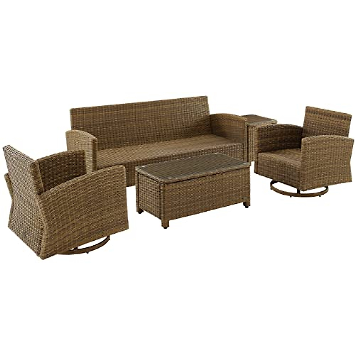 Crosley Furniture Bradenton 5-Piece Wicker Outdoor Sofa and Swivel Rocker Patio Furniture Set for Porch, Brown with Sand Cushions