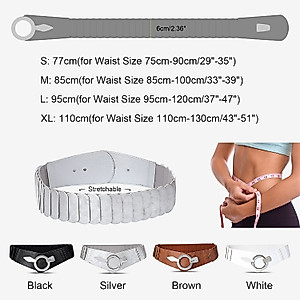 WHIPPY Women Wide Elastic Waist Belt Vintage Wide Stretch Waist Belt Fashion Retro Leather Waistband for Dresses, Silver, XS