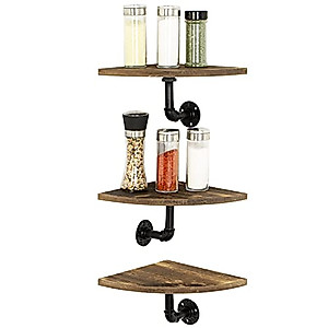 MyGift Wall Mounted Floating Corner Shelves, Rustic Burnt Solid Wood Rounded Corner Shelf with Black Metal Pipe Mounting Brackets, Set of 3