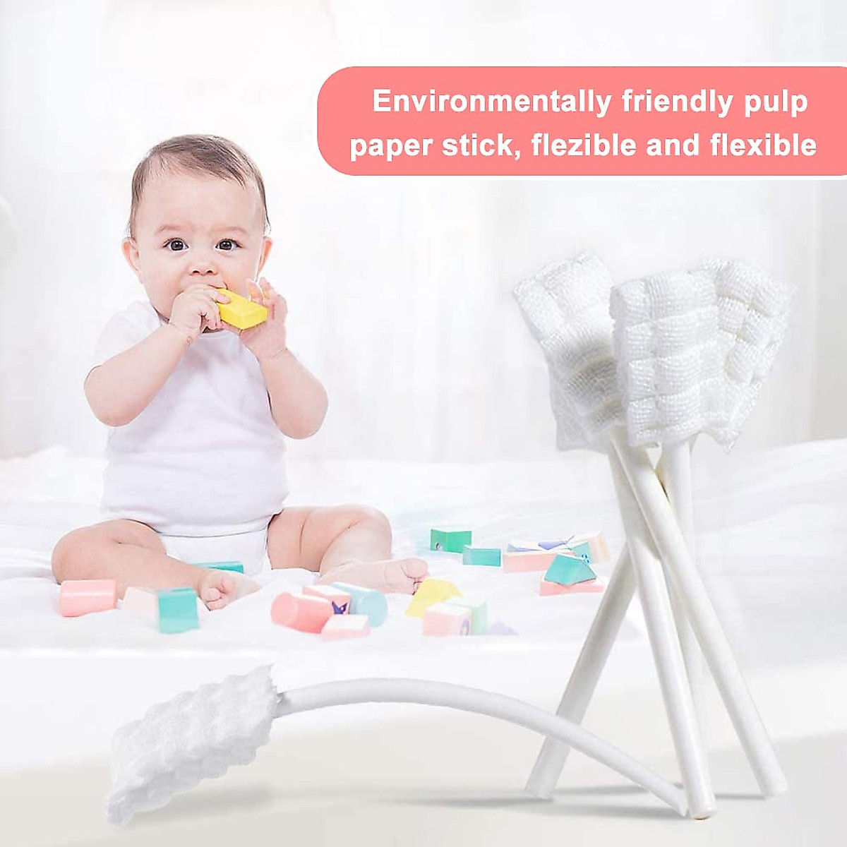 OKUYA 50 Pcs Infant Toothbrush , Tongue Cleaner, Disposable Tongue Cleaning Gauze Toothbrush, Oral Cleaning Stick, 0-36 Month Baby Oral Care