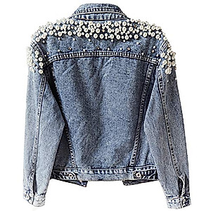 Kedera Women's Embroidered Rivet Pearl Short Denim Jacket Coat