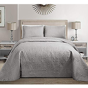 Linen Plus Collection 3 Pieces King/California King Over Size Embossed Coverlet Bedspread Set Solid Silver 118" x 106" New