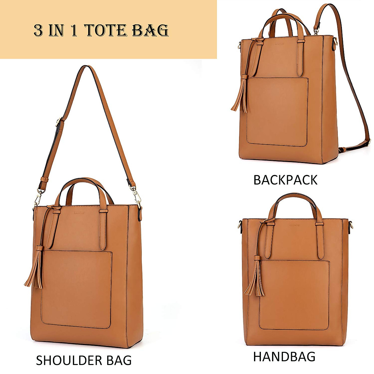 ECOSUSI Tote Bag Convertible Backpack Purse for Women Vegan Leather Handbag Multifuction Shoulder Bag