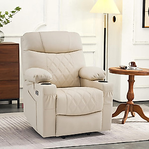 MCombo Small Power Lift Recliner Chair Sofa with Massage and Dual Heating, Adjustable Headrest for Elderly People Petite, USB Ports, Fabric 7111 (Single Motor, Cream White)