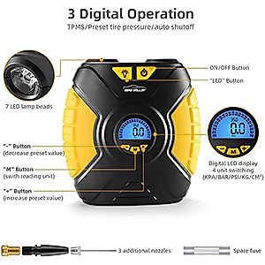 WindGallop Digital Car Tire Inflator Portable Air Compressor for Car Tire Pump Automatic 12v Electric Car Air Pump for Car Tires with Tire Pressure Gauge Valve Adaptors LED Light Yellow