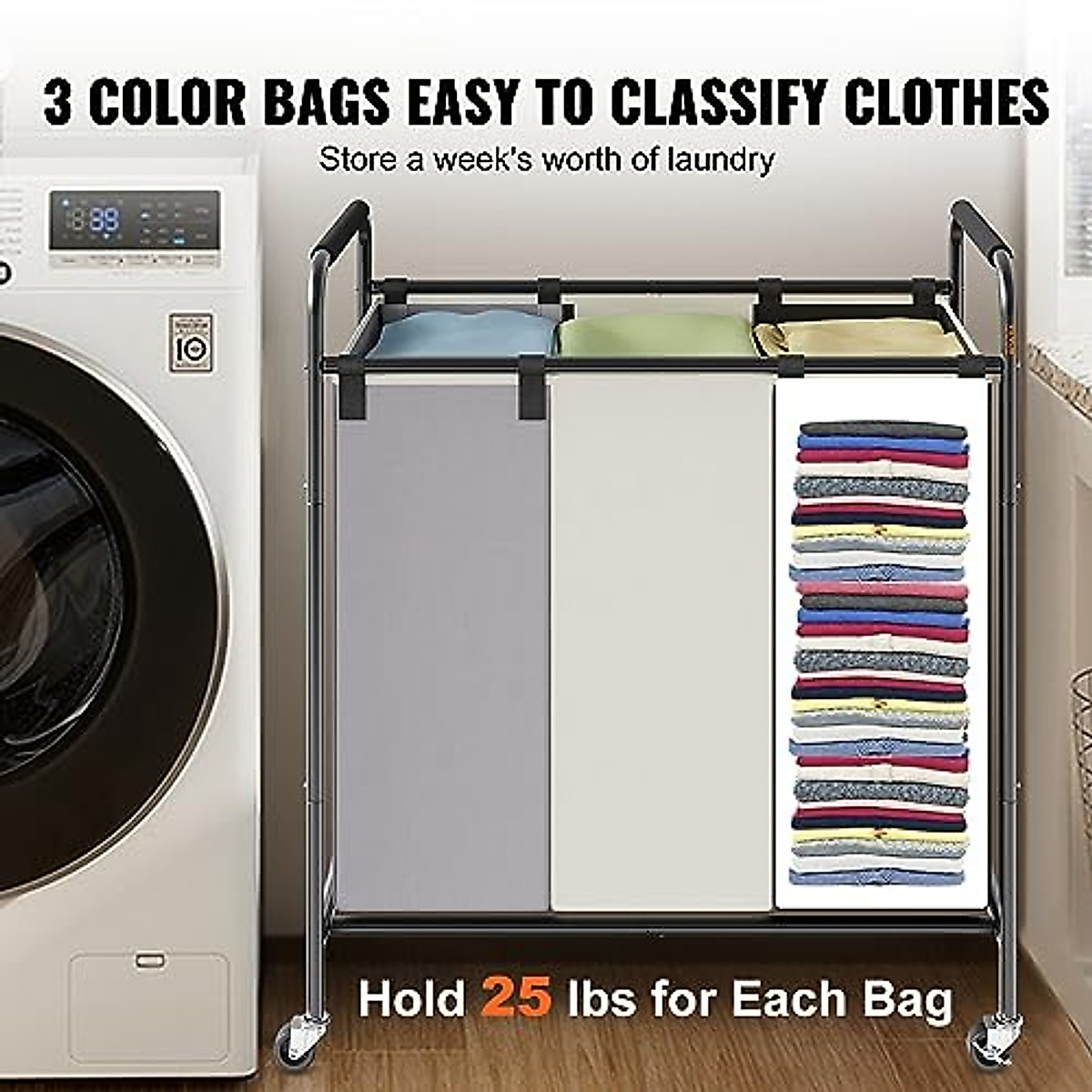 VEVOR 3-Sections Laundry Basket, Heavy Duty Laundry Hamper Storage Organizer, Laundry Sorter Cart with Heavy Duty Lockable Wheels for Dirty Clothes in Laundry Room Bedroom