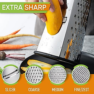 Spring Chef Box Grater, Stainless Steel with 4 Sides, Best for Parmesan Cheese, Vegetables, Ginger, Large Size