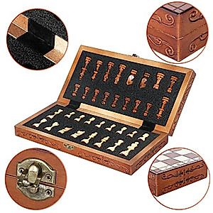 Syrace Magnetic Chess & Checkers Set Board Games, Kids and Adults Wooden Foldable Hand Carved Portable Travel Chess Board Game Sets with Game Pieces & Storage Slots 15.74"