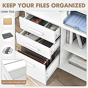 Giantex 3-Drawer File Cabinet for Office - Home Mobile Lateral Filing Cabinet with Hanging Bars, Open Storage Shelves, 5 Universal Wheels, Printer Stand for Letter Size Storage Cabinet (White)