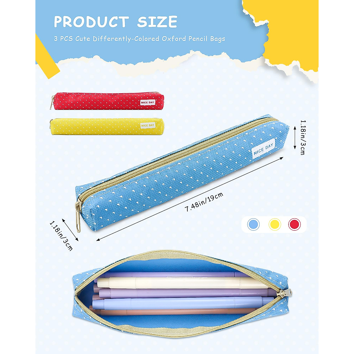 YETOOME 3 Pieces Slim Pencil Case, Colored Pencil Pouch Cosmetic Bag Office Stationery Organizer with Zipper for Adult (Red, Yellow, Blue)