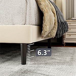 Gruwans Queen Size Bed Frame with Upholstered Wingback Headboard, Easy Assemnly Platform Bed, Wooden Slat Support No Box Spring Needed, Cream