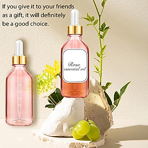 Bumobum Glass Bottle with Dropper, 4 oz Pink Tincture Bottle for Essential Oils with Labels and Funnels, 2 Pack Eye Dropper Bottles with Golden Top (Unbreakable Plastic Eye Dropper with Measurements)