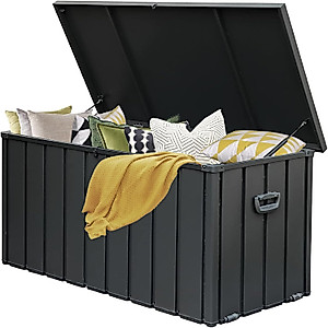 WIIS' IDEA 200 Gallon Storage Deck Box, Outdoor Waterproof Storage Deck Box w/Lockable Lids, Mobility Rollers, Large Storage Container for Patio Furniture for Garden Tools and Pool Supplies, Dark Grey