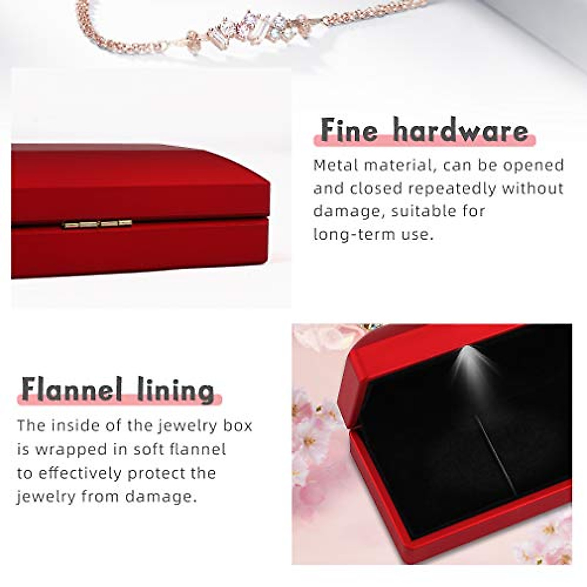 iSuperb LED Light Necklace Long Chain Box Bracelet Display Case Jewelry Gift Boxes Red Wine Pendant Boxes for Wedding Anniversary Christmas Engagement