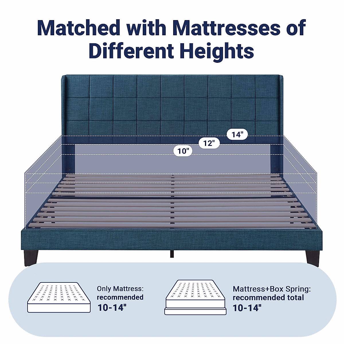 Allewie King Size Platform Bed Frame with Wingback, Upholstered Square Stitched Headboard and Wooden Slats, Mattress Foundation, Box Spring Optional, Easy Assembly, Dark Blue