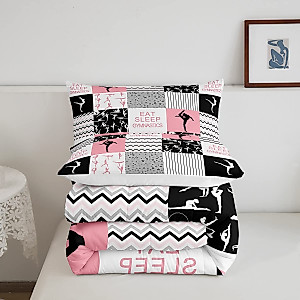 Gymnastics Girls Comforter Set Twin Size Pink Black Geometric Plaid Bedding Set 2pcs for Kids Women Gymnast Youth Bedroom Sports Dancing Quilt Set Modern Stripes Duvet Insert,1 Pillowcase