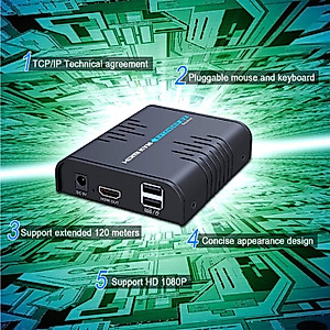 AGPTEK USB HDMI KVM Extender Over Single Cat 5/5E/6/7 Ethernet Cable- Signal Extension Up to 120m/365Ft- USB Keyboard Mouse Support- Adapter for Residential/Commercial Use