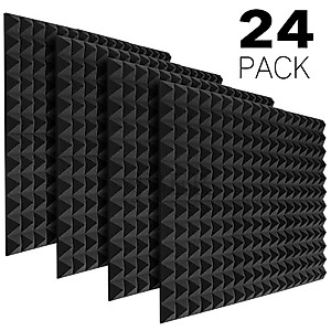 JBER Acoustic Sound Foam Panels, 24 Pack 2" X 12" X 12" Charcoal Soundproofing Treatment Studio Wall Padding Sound Absorbing Fireproof Pyramid