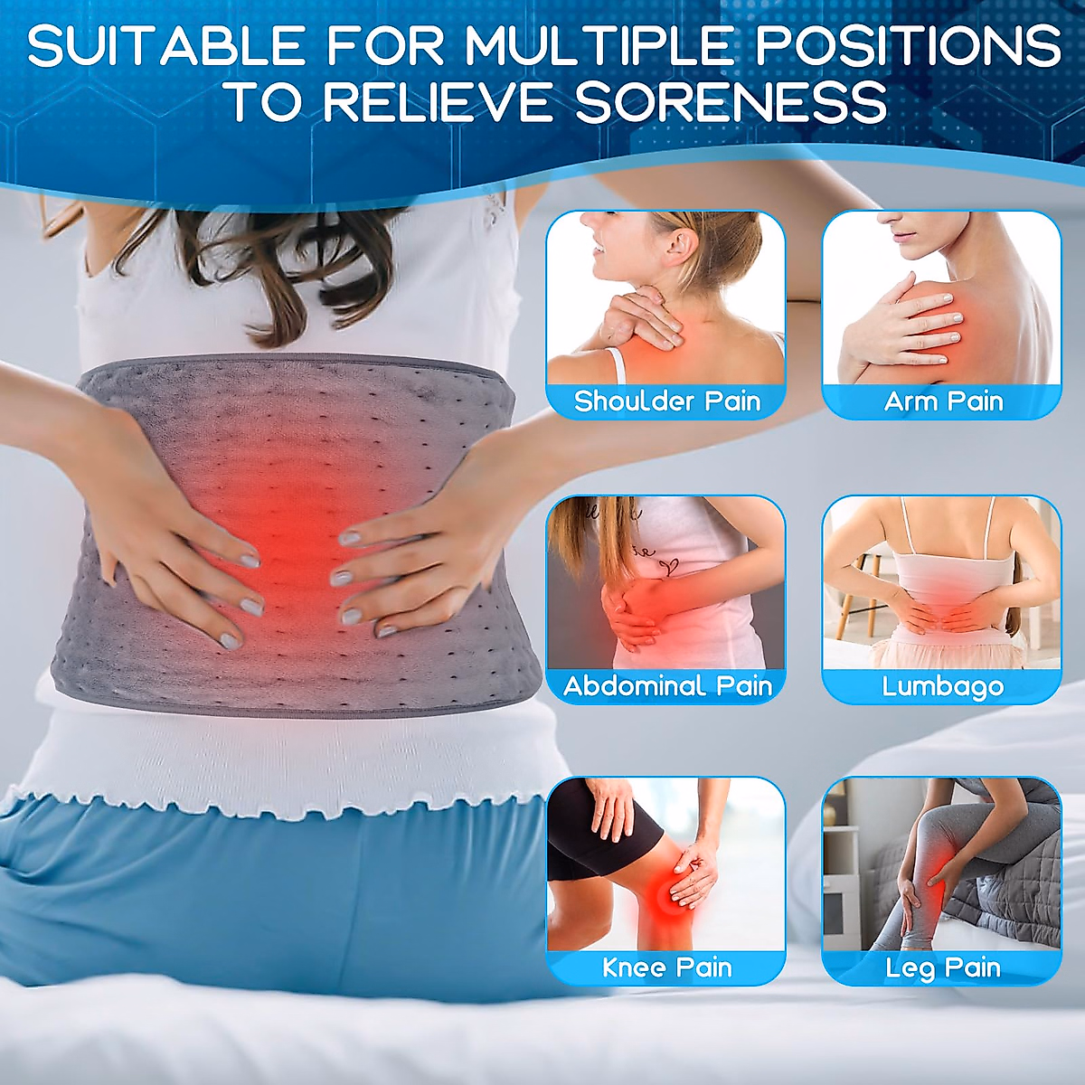 Heating Pad for Back Pain and Cramps Relief, Heating Pad Belt, Lower Back Heating Pad, with 4 Timer Settings 11.8x23.6 Inch, with Auto Off and 6 Heat Setting for Back Pain Relief and Cramps Gray