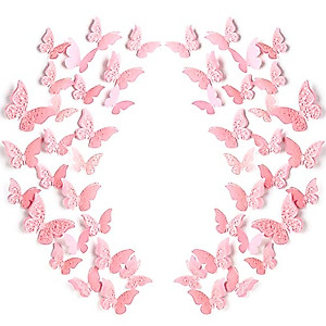 120 Pieces 3D Layered Butterfly Wall Decor Removable Butterfly Stickers Hollow Mural Decals Decorative Wall Art Crafts for DIY Baby Room Home Wedding Decor (Pink)